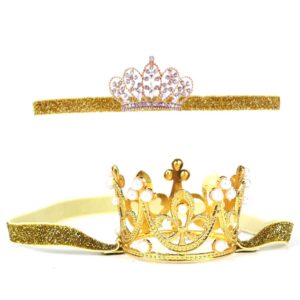 nishine 2 pieces baby girls crown headband princess tiara headdress set toddler elastic head band (gold)