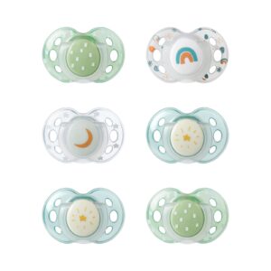 tommee tippee nighttime pacifiers, 18-36 months, 6 pack of glow in the dark pacifiers with symmetrical silicone baglet