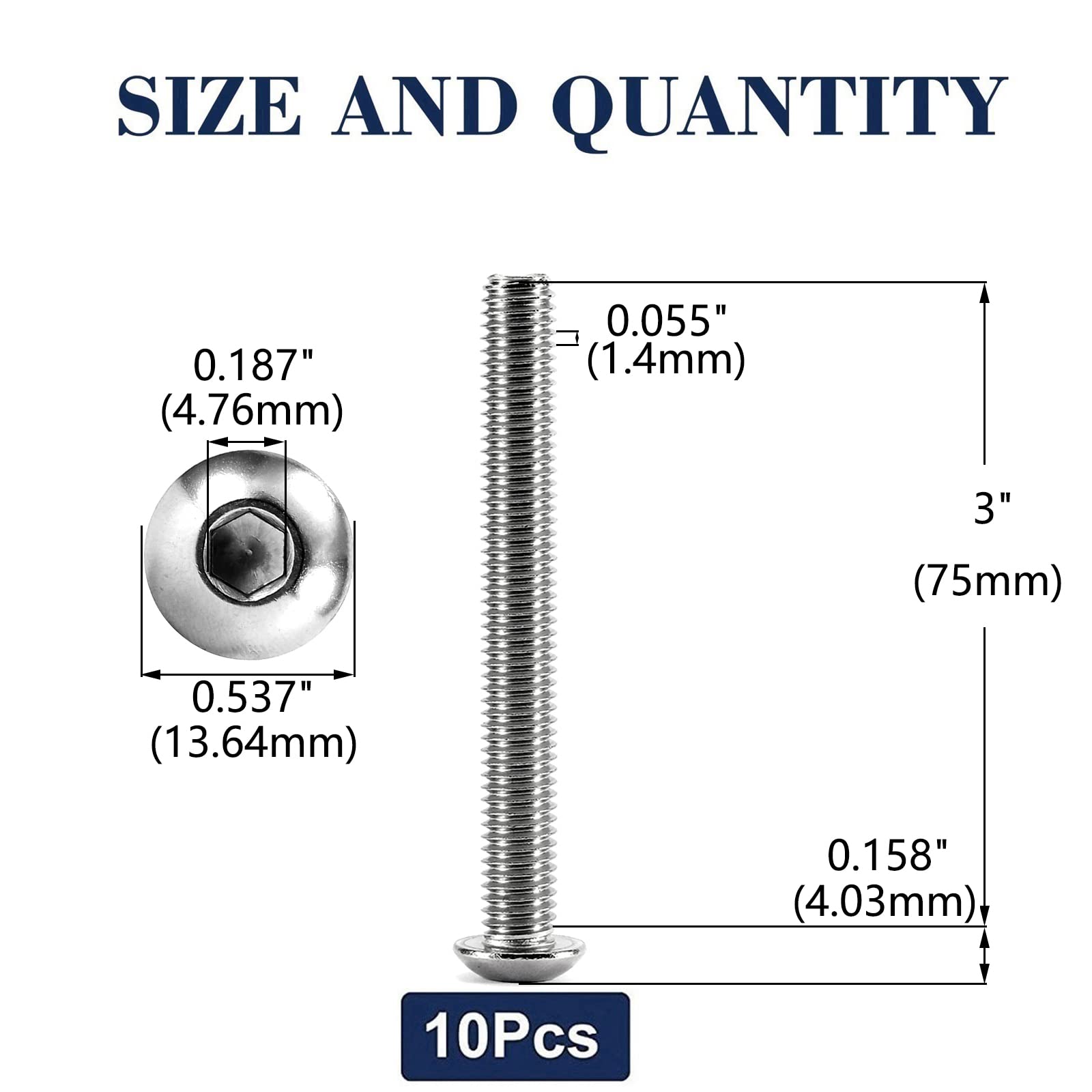 5/16-18 x 3" Button Head Socket Cap Bolts Screws, 10Pcs 304 Stainless Steel 18-8, Allen Hex Drive, Bright Finish by SG TZH(with Hex Spanner)