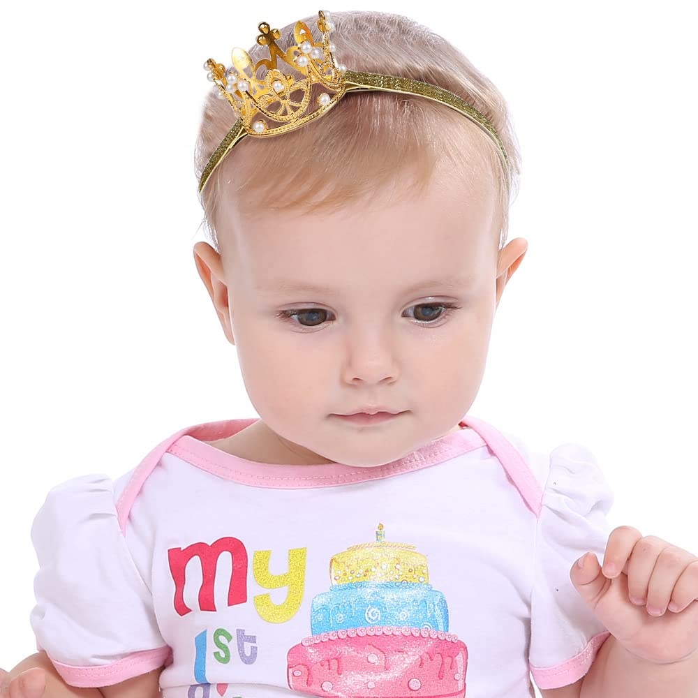 Nishine 2 pieces Baby Girls Crown Headband Princess Tiara Headdress Set Toddler Elastic Head Band (Gold)