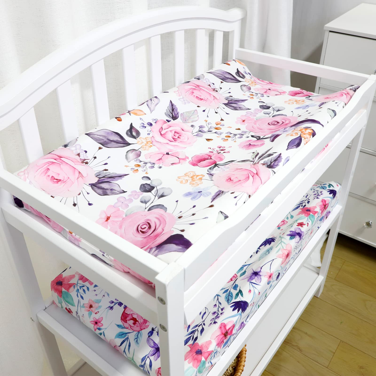 Floral Baby Diaper Changing Pad Cover, 2 Pack Infant Changing Table Mat Cover for Baby Girls Nursery Diaper Changing Cradle Mattress Sheets, Ultra Soft Jersey Knit