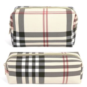 maange small makeup bag for purse, 2 pcs cosmetic bag for women travel makeup pouch leather make up bag portable zipper pouch makeup brushes bag - khaki plaid