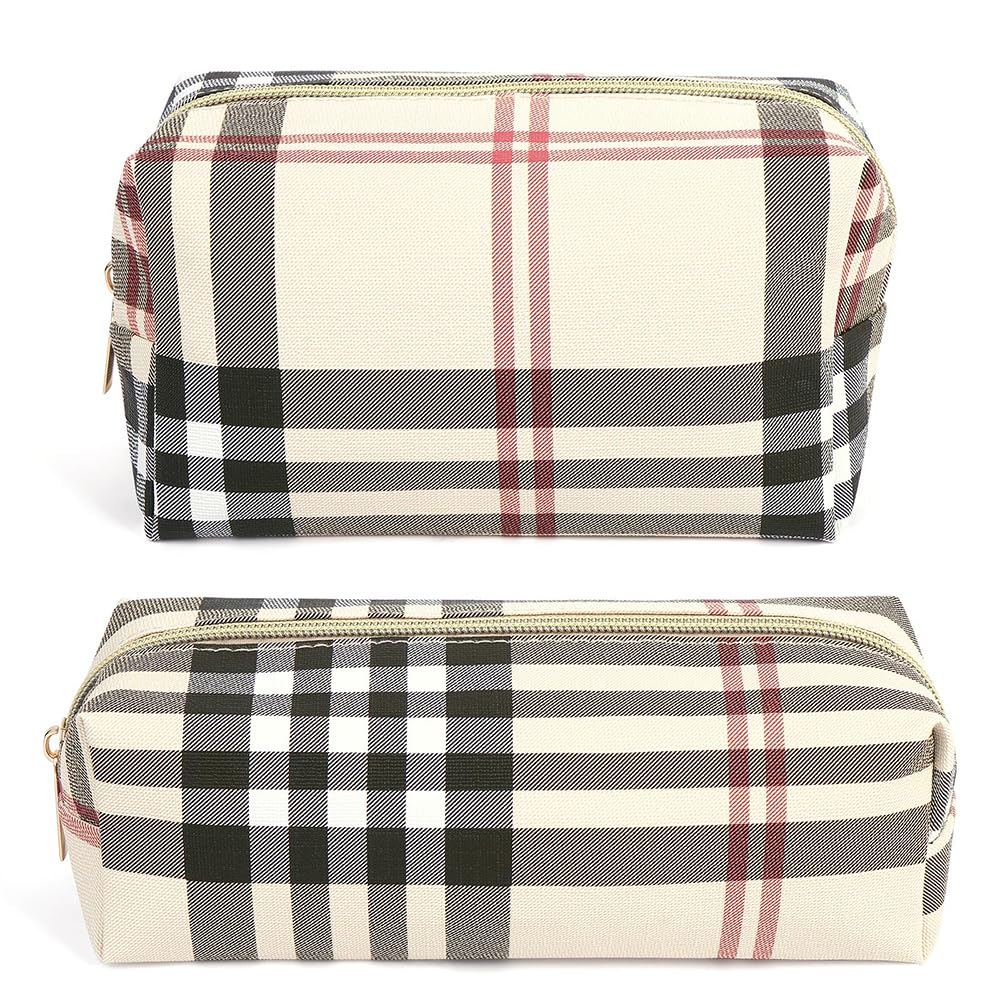 MAANGE Small Makeup Bag for Purse, 2 PCS Cosmetic Bag for Women Travel Makeup Pouch Leather Make up Bag Portable Zipper Pouch Makeup Brushes Bag - khaki plaid