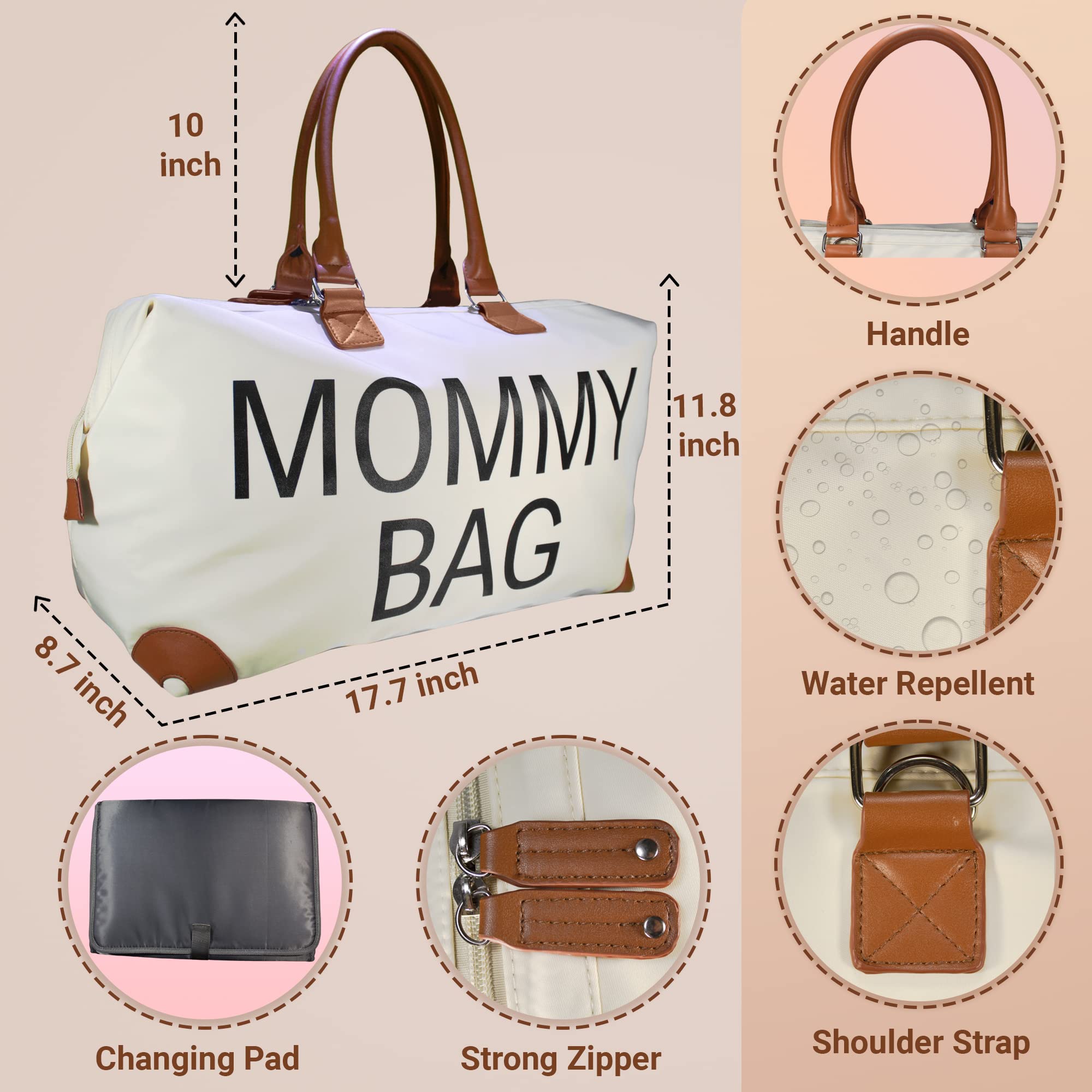 Diaper Bag Tote Set 4 items IMPROVED X-LARGE Capacity Mommy Bag Hospital Maternity and Weekender Bags Practical and Versatile Baby and Mom Things Bags Waterproof, Cream Beige (MB-C01)