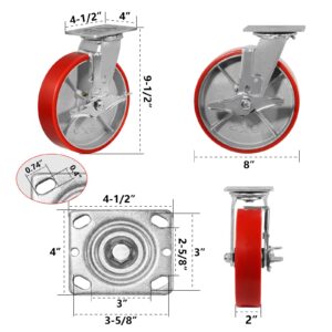 NINOSO 8"X 2" Caster, Industrial Swivel Caster with Polyurethane Wheel, 1500lbs Load Capacity Per Caster Wheels Heavy Duty for Toolbox Workbench (1Pack Brake)