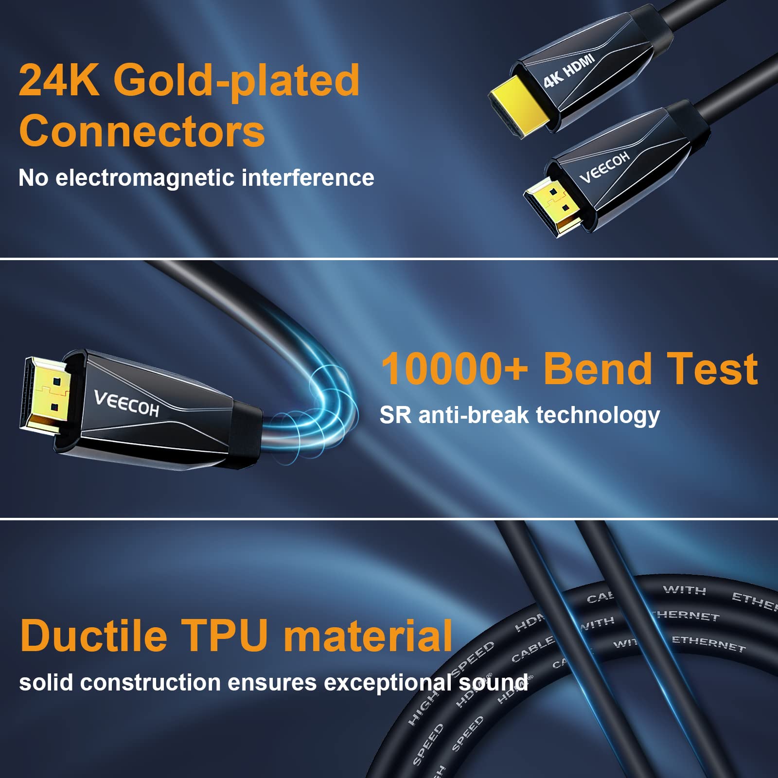 VEECOH 4K HDMI Cables 66Ft/20M,High Speed Hdmi Cables 2.0,Highwings HDR 4K@60Hz 1080P@120Hz,HDMI Cord Support 3D,HD,ARC,CEC,HDCP 2.2,Compatible with PS5 PS4/Xbox One/HDTV/Blu-ray