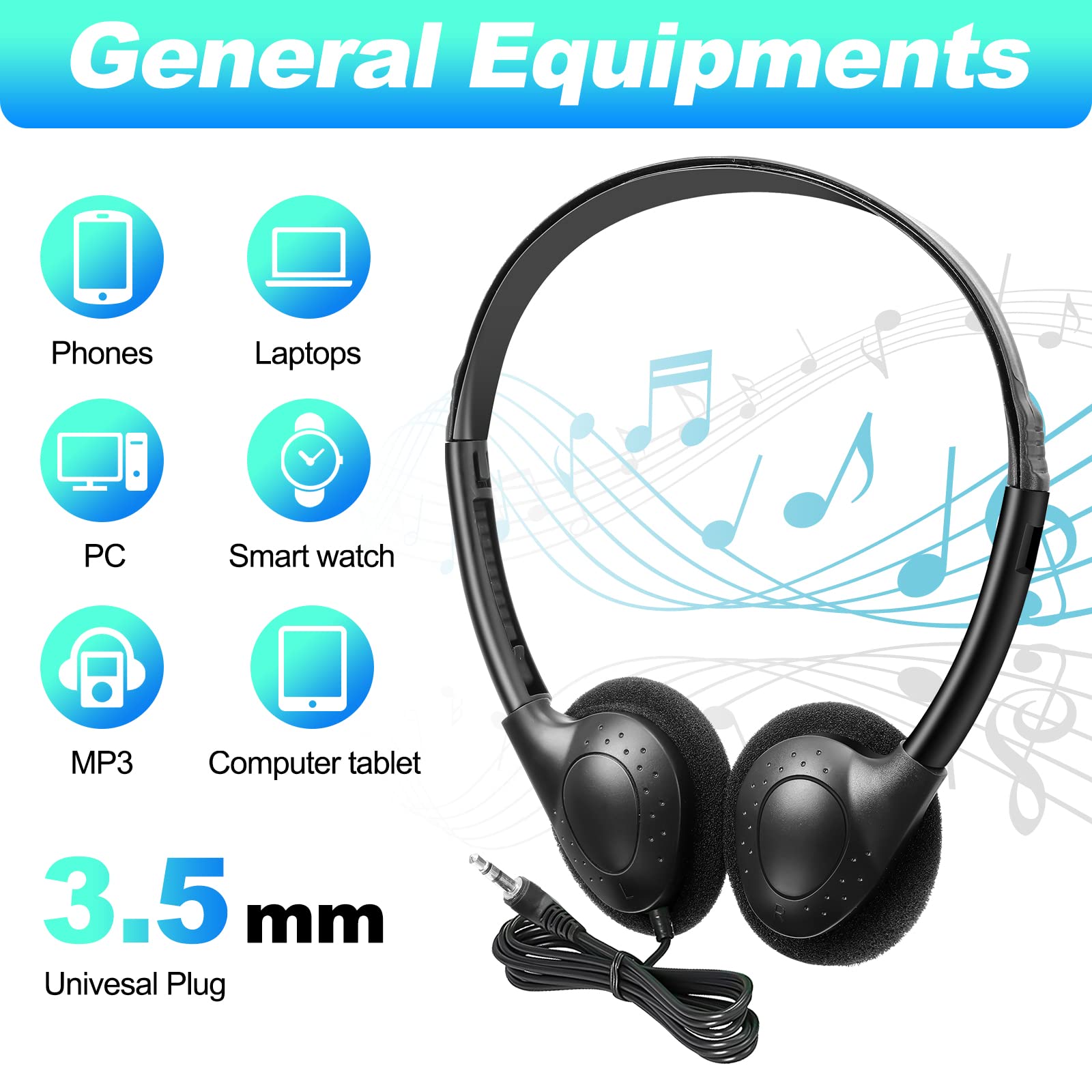 Hoteam 100 Pack Headphones for Classroom Bulk Students Adjustable Headphones Wired Pack Black Over The Head Earphones with 3.5 mm Plug for School Library Museums Teen Boys Girls Adults(Black)