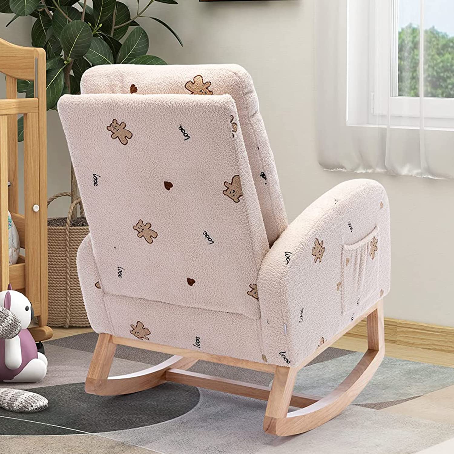 Pvillez Nursery Rocking Chairs, Upholstered Nursery Glider Rocker for Baby and Kids, Comfy Armchair with Side Pocket, Living Room Lounge Arm Chair Sofa Chair, High Backrest with Cute Pattern, Beige