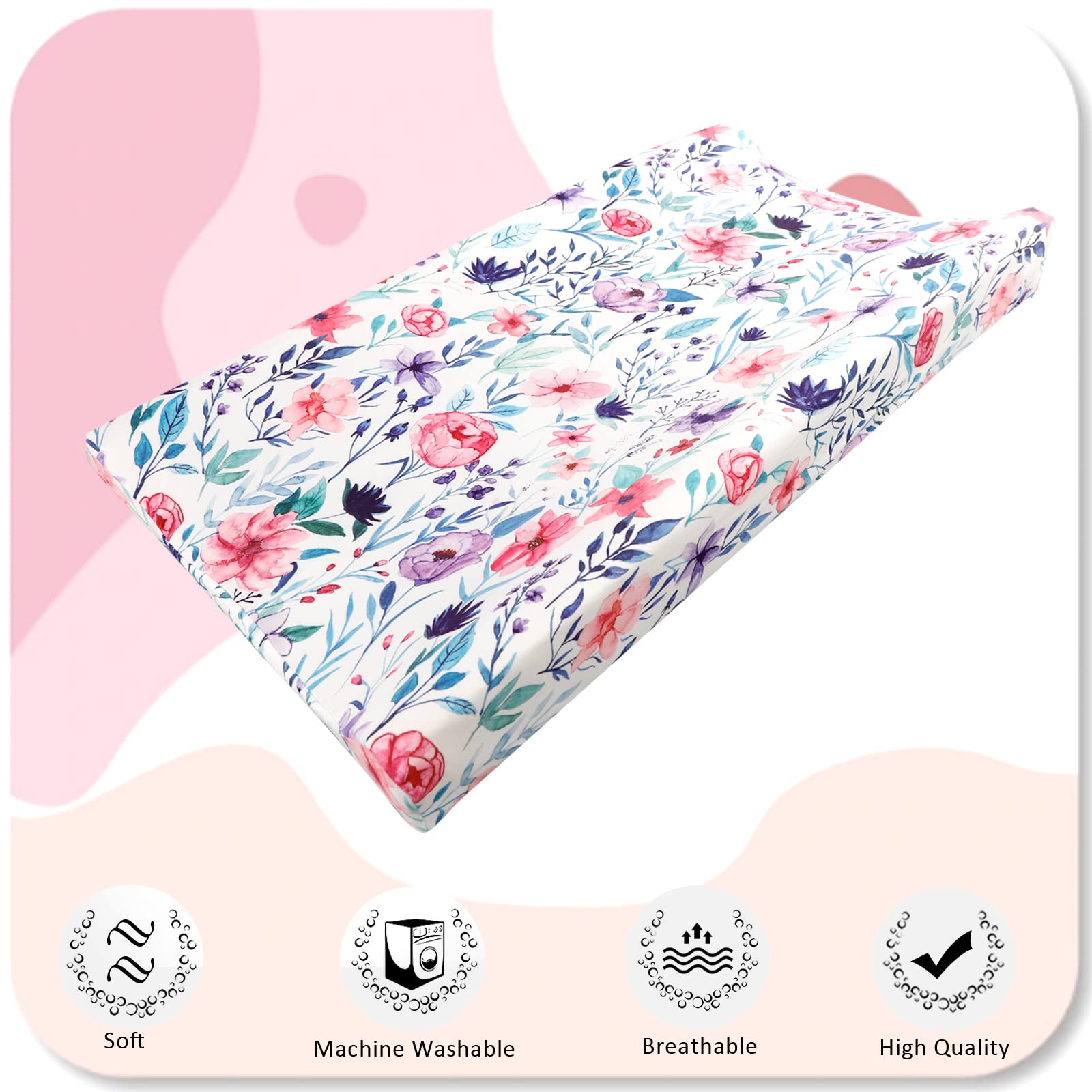 Floral Baby Diaper Changing Pad Cover, 2 Pack Infant Changing Table Mat Cover for Baby Girls Nursery Diaper Changing Cradle Mattress Sheets, Ultra Soft Jersey Knit