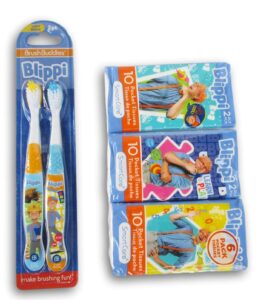 blippi toothbrush & blippi pocket tissues bundle - kids travel kit - soft toothbrush 2 count and pocket tissues 6 count