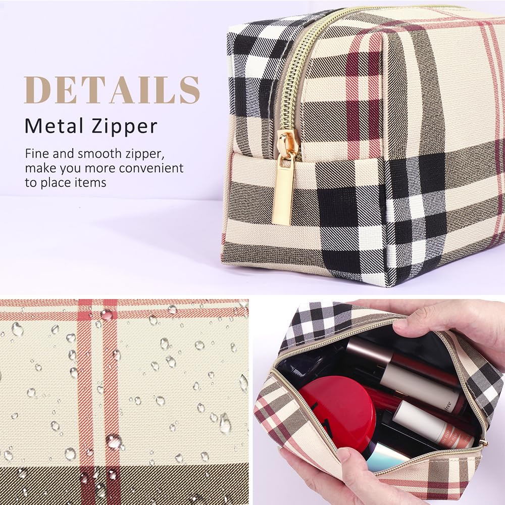 MAANGE Small Makeup Bag for Purse, 2 PCS Cosmetic Bag for Women Travel Makeup Pouch Leather Make up Bag Portable Zipper Pouch Makeup Brushes Bag - khaki plaid