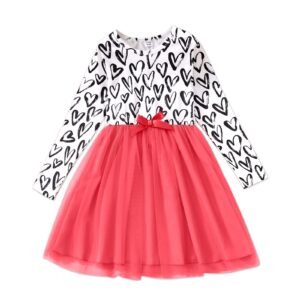 patpat kid girl dress letter/heart print bowknot design mesh splice casual long-sleeve tutu dress for kids white 6-7 years