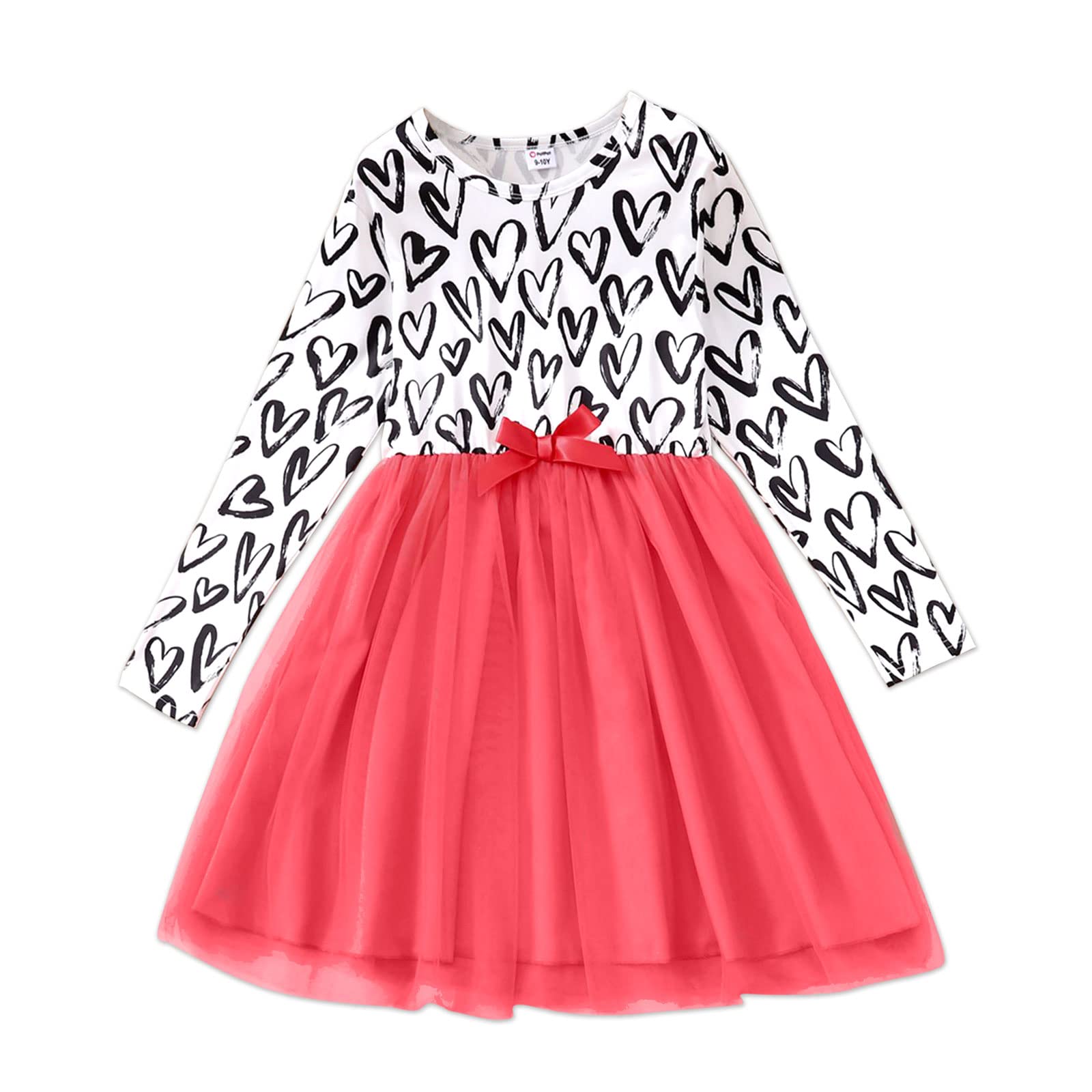 PATPAT Kid Girl Dress Letter/Heart Print Bowknot Design Mesh Splice Casual Long-Sleeve Tutu Dress for Kids White 6-7 Years