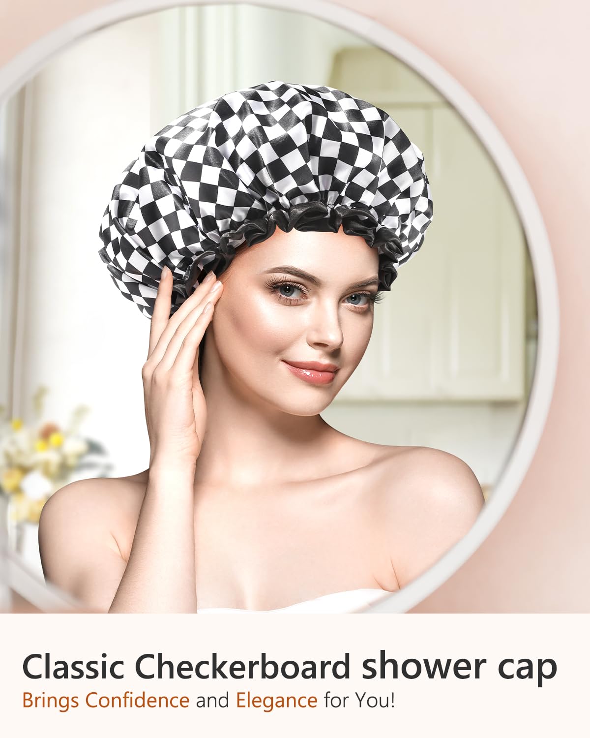 mikimini Large Shower Cap for Women Long Hair, Elegant Chessboard Design,Double-layer Waterproof, Reusable, Washable, No Odor, X-Large