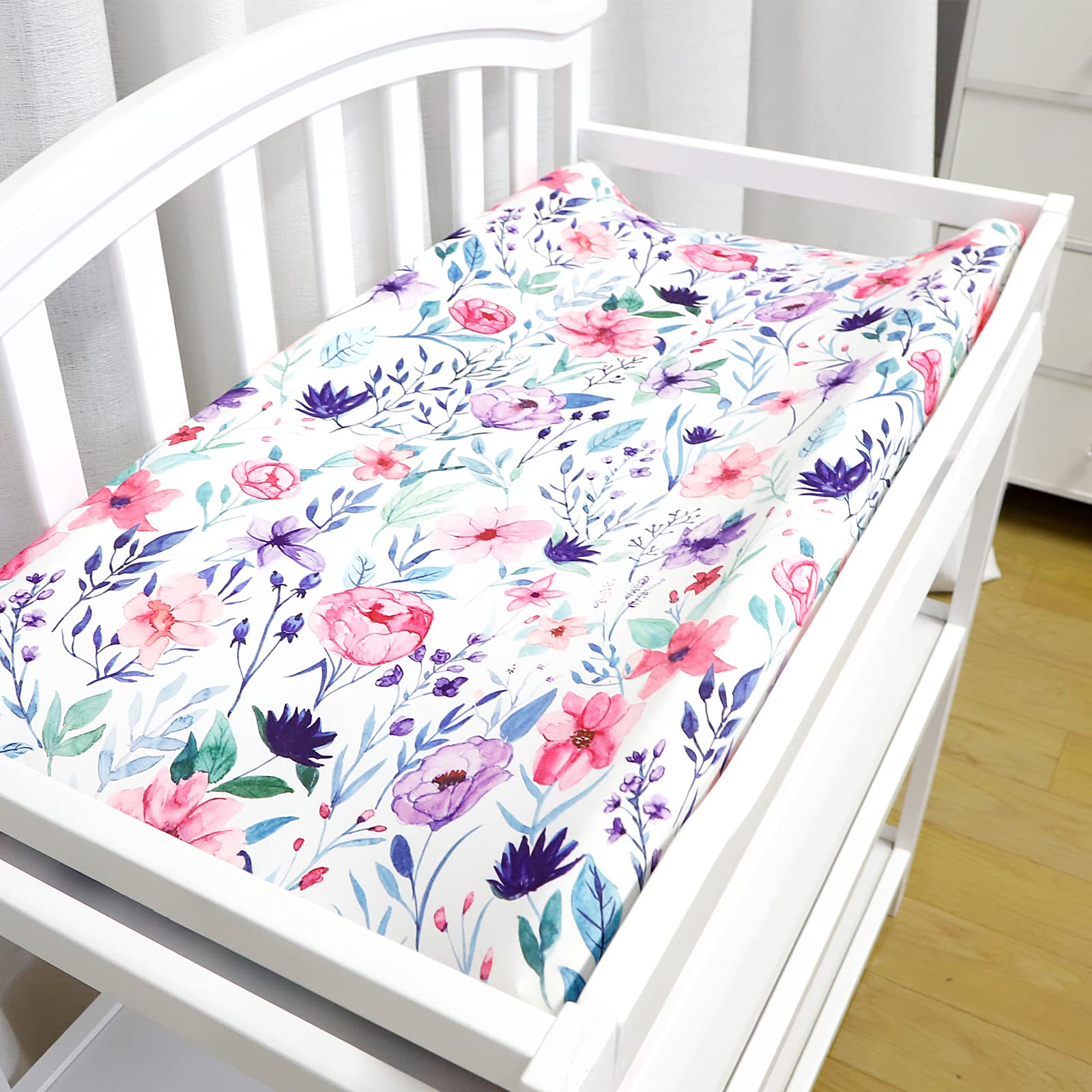 Floral Baby Diaper Changing Pad Cover, 2 Pack Infant Changing Table Mat Cover for Baby Girls Nursery Diaper Changing Cradle Mattress Sheets, Ultra Soft Jersey Knit