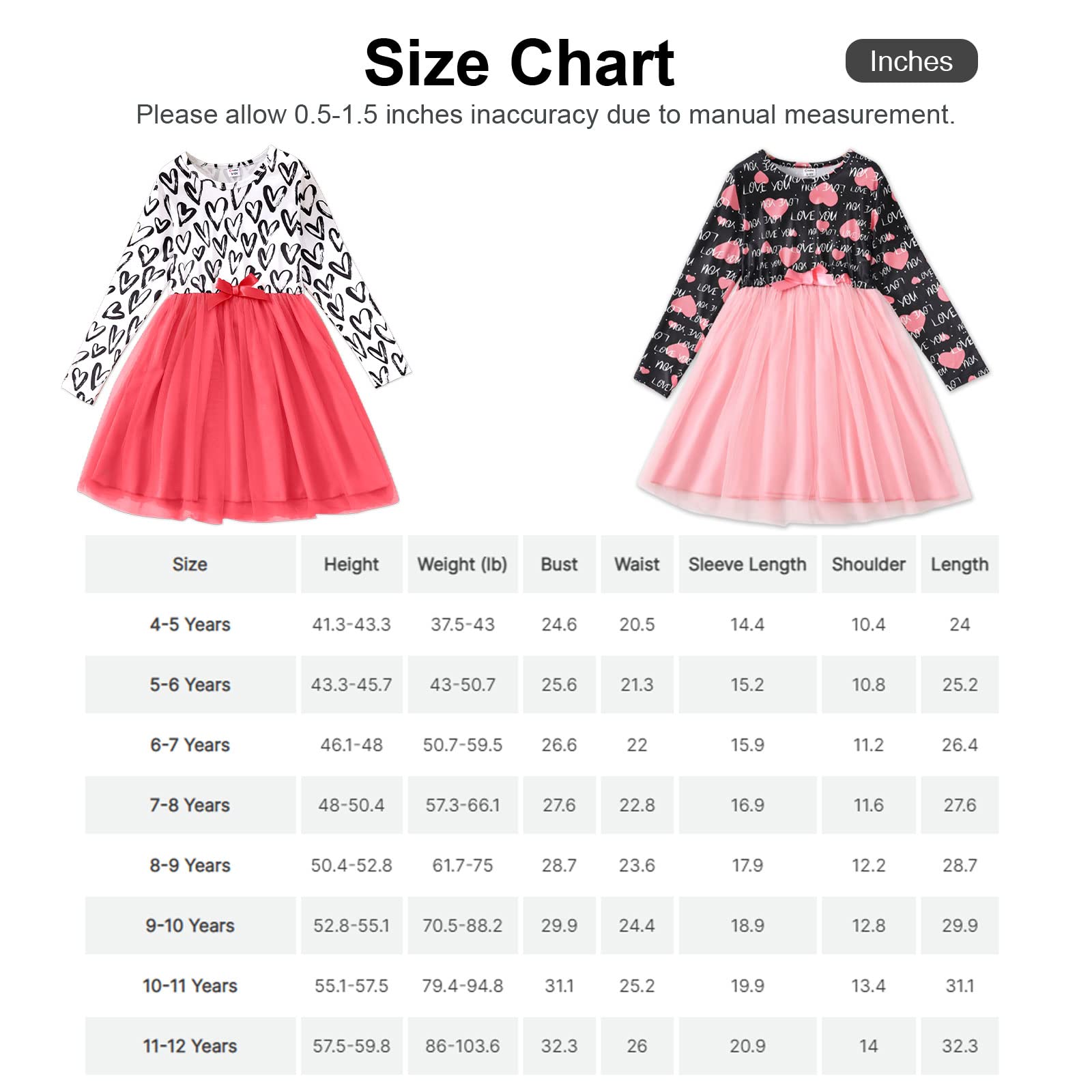 PATPAT Kid Girl Dress Letter/Heart Print Bowknot Design Mesh Splice Casual Long-Sleeve Tutu Dress for Kids White 6-7 Years