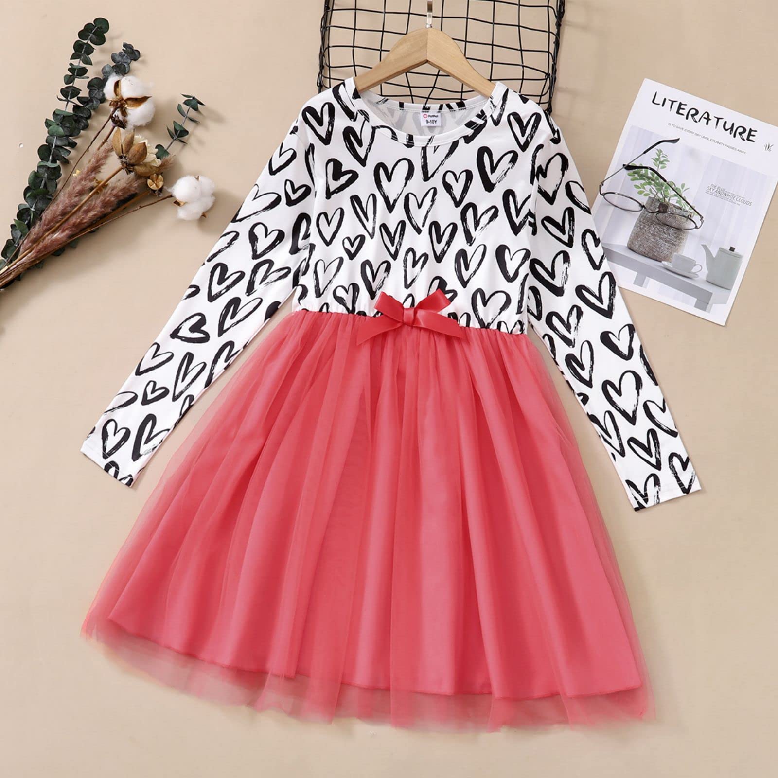 PATPAT Kid Girl Dress Letter/Heart Print Bowknot Design Mesh Splice Casual Long-Sleeve Tutu Dress for Kids White 6-7 Years