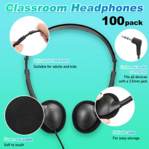 Hoteam 100 Pack Headphones for Classroom Bulk Students Adjustable Headphones Wired Pack Black Over The Head Earphones with 3.5 mm Plug for School Library Museums Teen Boys Girls Adults(Black)