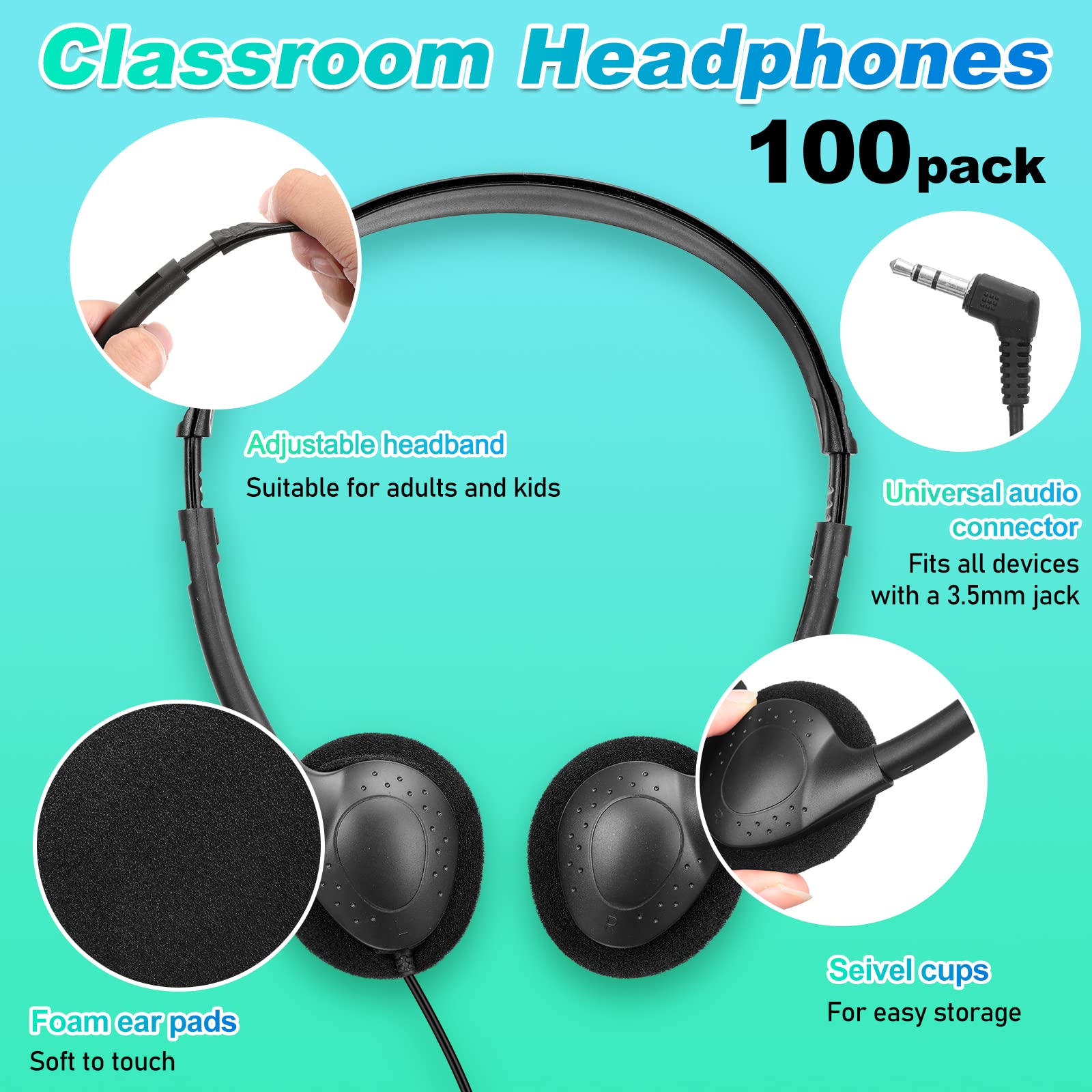 Hoteam 100 Pack Headphones for Classroom Bulk Students Adjustable Headphones Wired Pack Black Over The Head Earphones with 3.5 mm Plug for School Library Museums Teen Boys Girls Adults(Black)