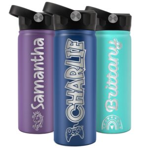 lara laser works personalized kids water bottle for school w/name - 25 icons, 10 fonts - custom water bottle for children, 18 oz - 9 colors - unicorn gifts for girls, bpa free