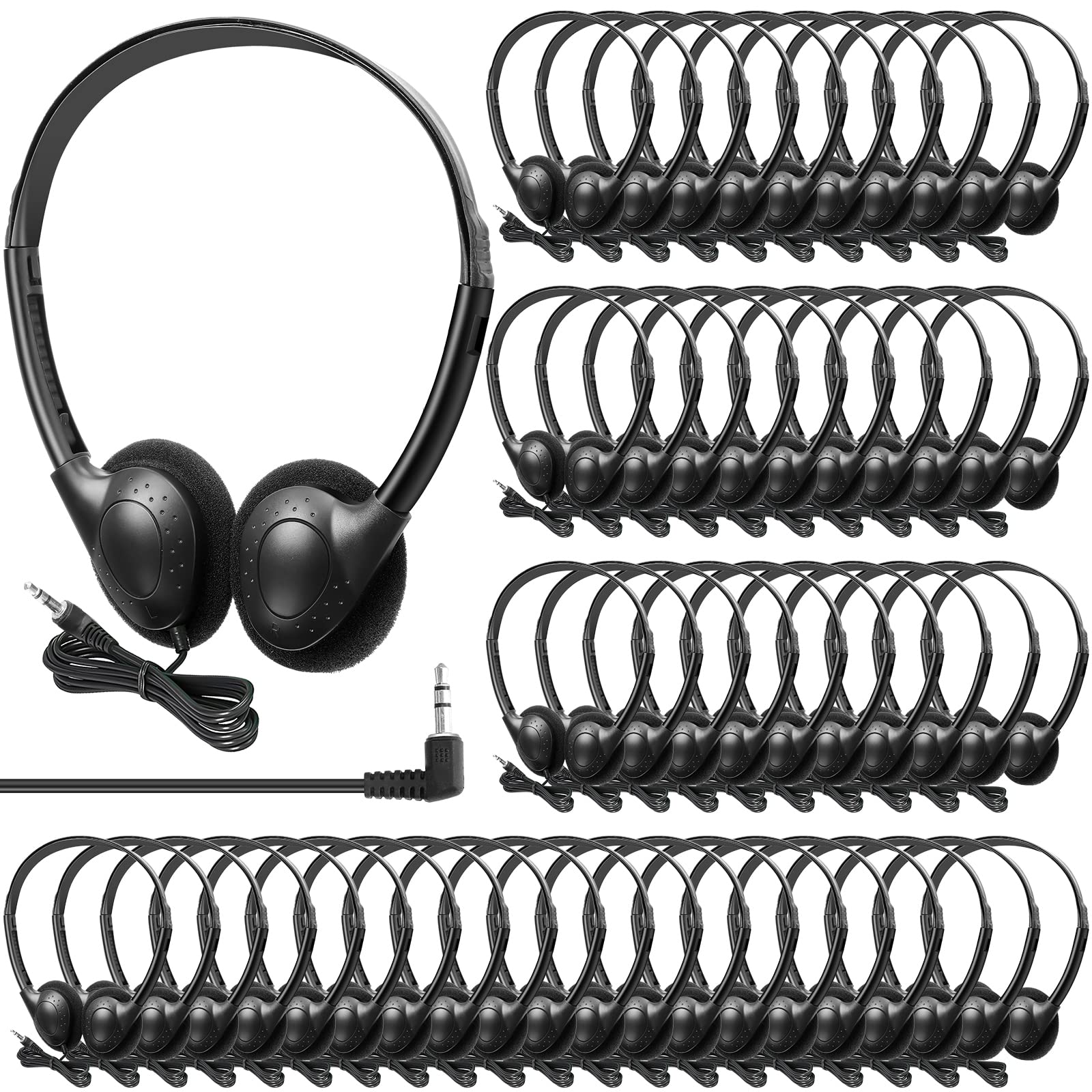 Hoteam 100 Pack Headphones for Classroom Bulk Students Adjustable Headphones Wired Pack Black Over The Head Earphones with 3.5 mm Plug for School Library Museums Teen Boys Girls Adults(Black)