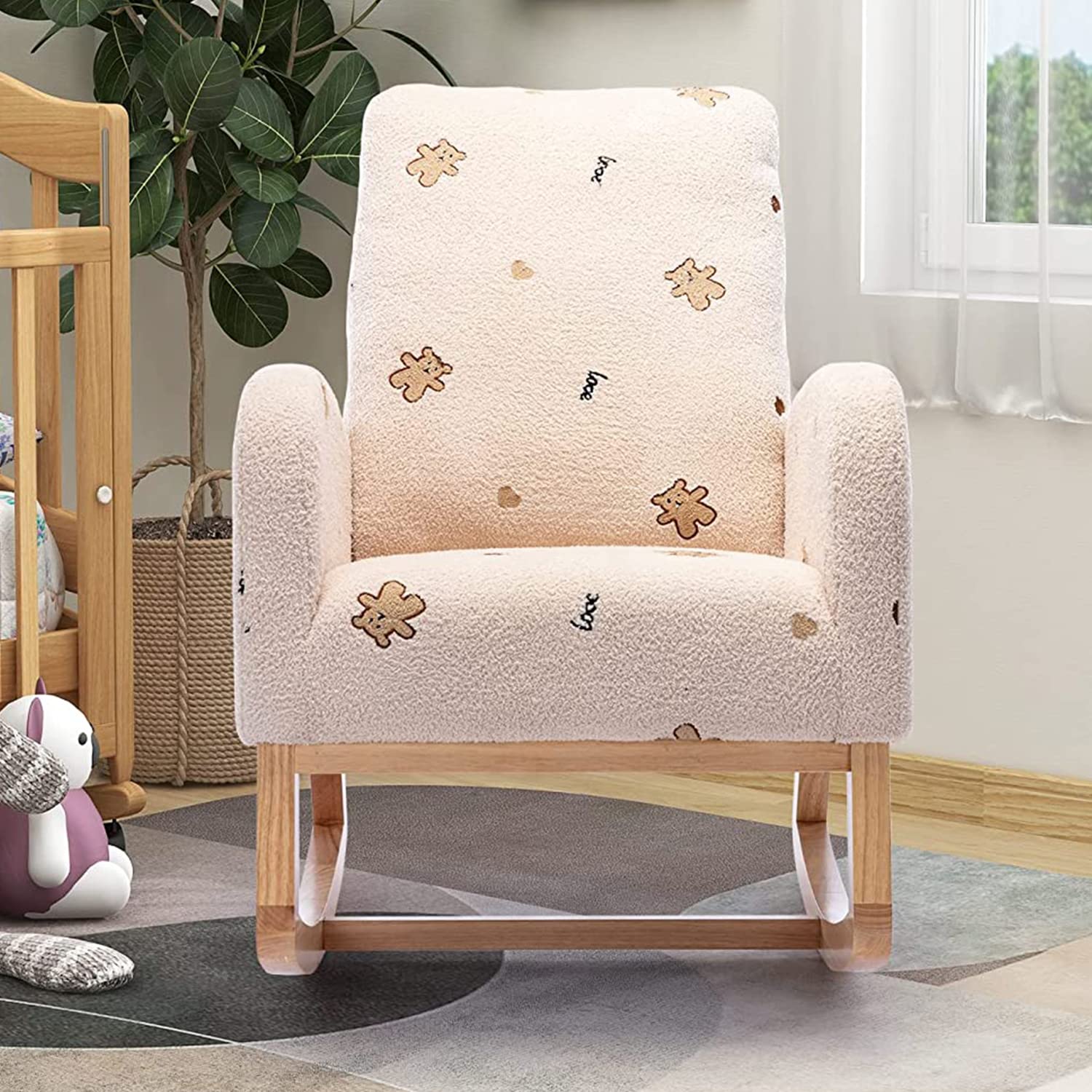 Pvillez Nursery Rocking Chairs, Upholstered Nursery Glider Rocker for Baby and Kids, Comfy Armchair with Side Pocket, Living Room Lounge Arm Chair Sofa Chair, High Backrest with Cute Pattern, Beige