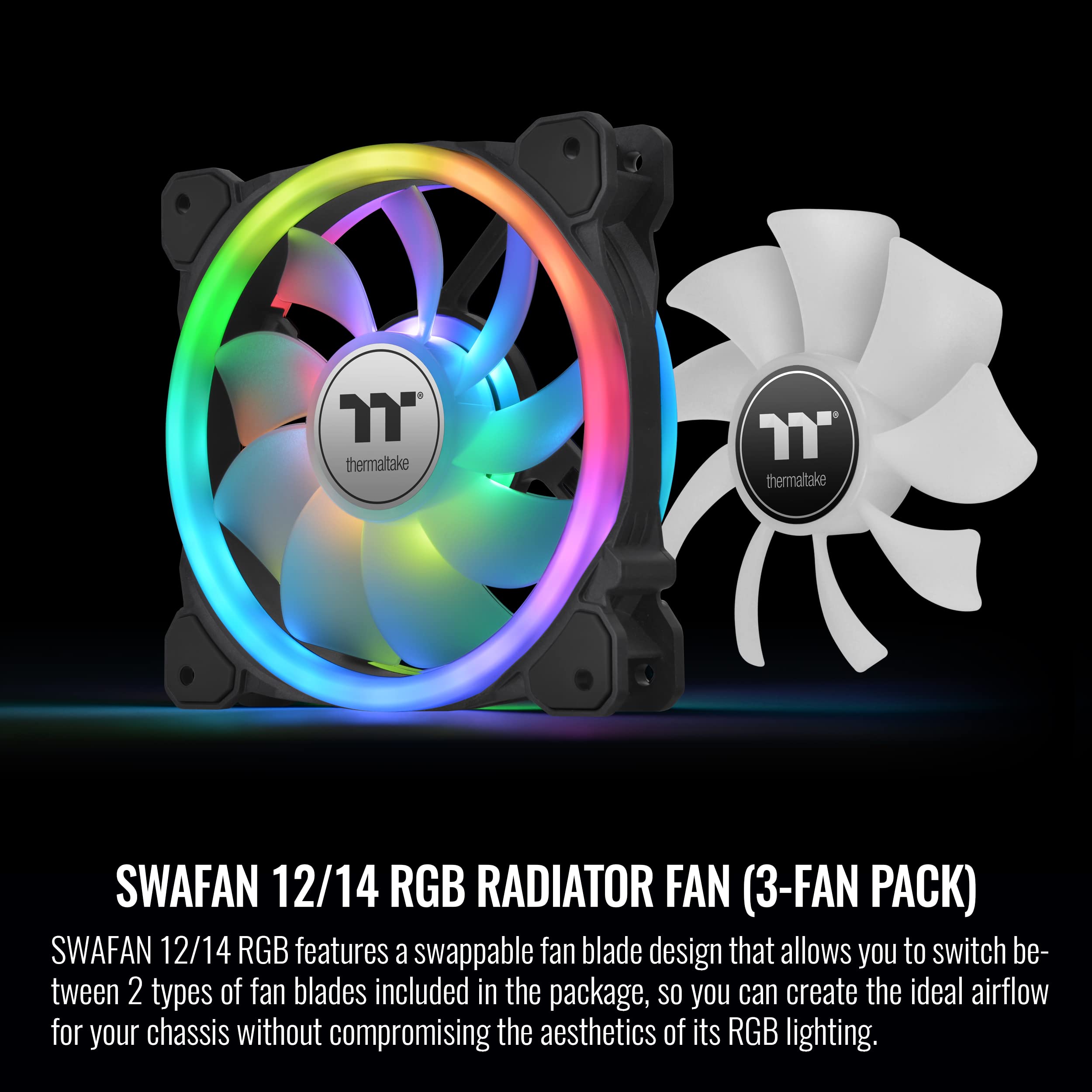 Thermaltake SWAFAN 12 RGB Radiator Fan TT Premium Edition 3 Pack, Swappable Fan Blade Design, Customizable air Flow Direction, 2000 RPM, CL-F137-PL12SW-A, 120mm Black