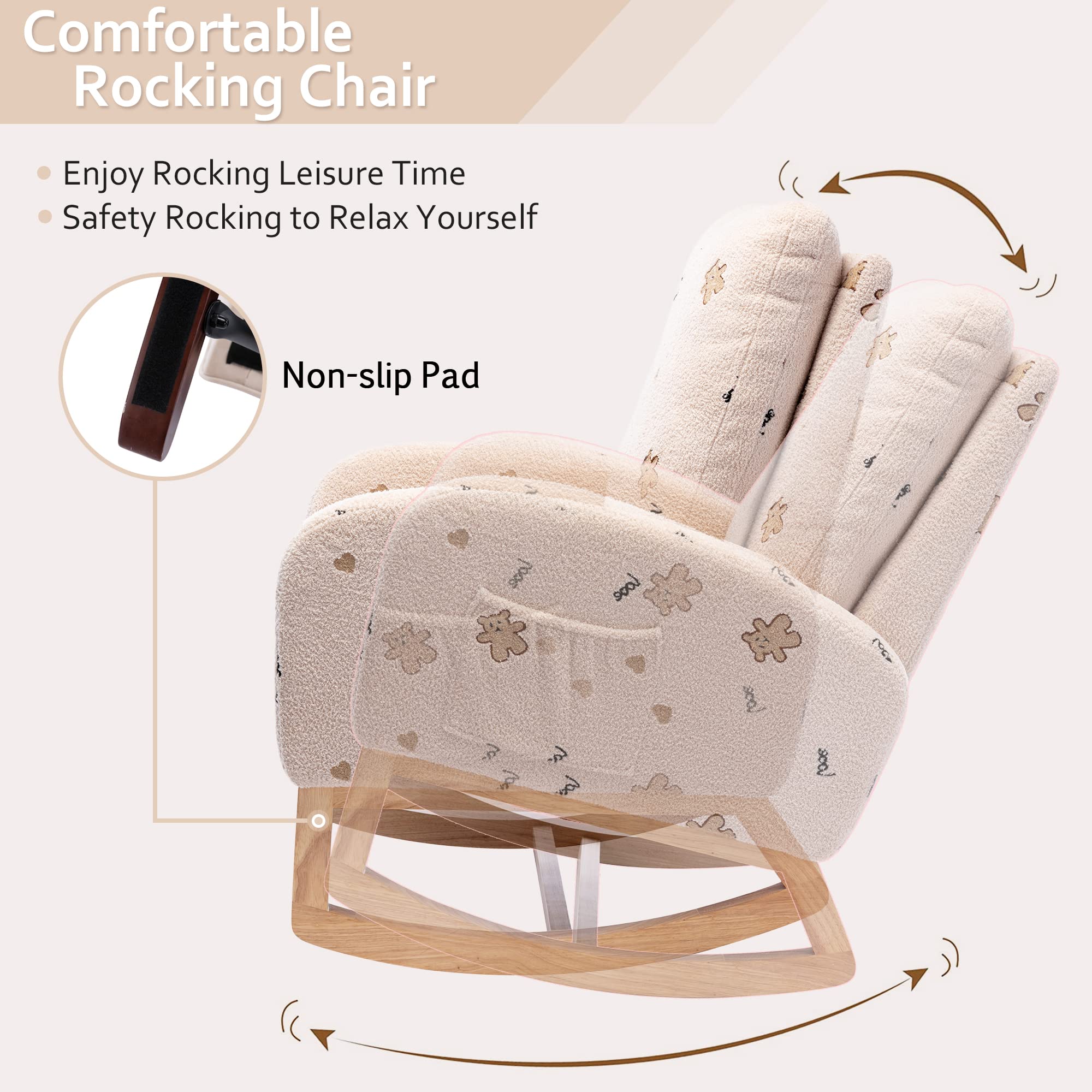 Pvillez Nursery Rocking Chairs, Upholstered Nursery Glider Rocker for Baby and Kids, Comfy Armchair with Side Pocket, Living Room Lounge Arm Chair Sofa Chair, High Backrest with Cute Pattern, Beige