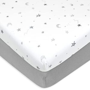 american baby company 2 pack fitted mini crib sheet 24" x 38", soft breathable neutral 100% cotton jersey portable sheet, gray stars and gray, for boys and girls, fits most pack n play mattresses