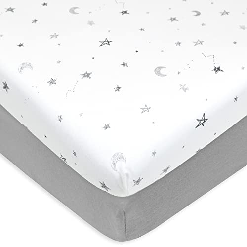 American Baby Company 2 Pack Fitted Mini Crib Sheet 24" x 38", Soft Breathable Neutral 100% Cotton Jersey Portable Sheet, Gray Stars and Gray, for Boys and Girls, Fits Most Pack N Play Mattresses