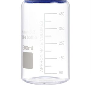 Moonetto 2 Pack 500 mL Wide Mouth Graduated Round Borosilicate Reagent Media/Storage Lab Glass Bottle With GL70 Blue Polypropylene Screw Cap