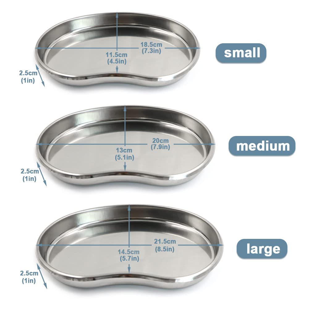 3Pcs Stainless Steel Kidney Tray, Graduated Metal Emesis Basin, Reusable Kidney Bean Shaped Bowl Dish, Dental Lab Instrument Surgical Tray for Medic Waster (Small, Medium, Large)