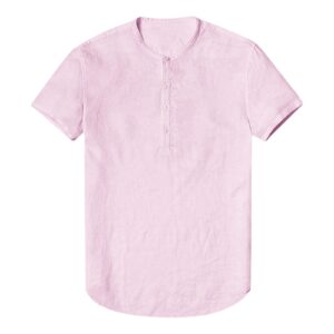 maiyifu-gj men's casual plain linen henley shirt lightweight hippie button up t-shirt tees short sleeve summer beach shirts (pink,large)