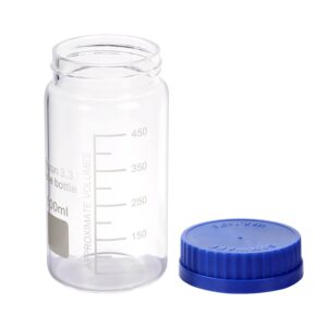 Moonetto 2 Pack 500 mL Wide Mouth Graduated Round Borosilicate Reagent Media/Storage Lab Glass Bottle With GL70 Blue Polypropylene Screw Cap