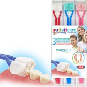 autisticare new softer feel sensory 3-sided toothbrush 3-pk | autism spectrum special needs asperger's complete dental care tactile child calming gift therapy gum health fidget caregiver made in usa