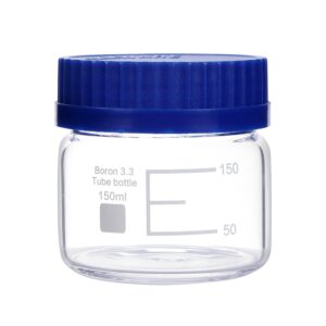 pastein 4 pack 150 ml wide mouth graduated round borosilicate reagent media/storage lab glass bottle with gl70 blue polypropylene screw cap