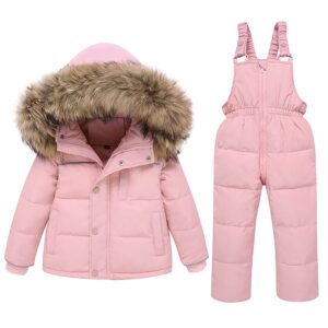 nilikastta 4-5t toddler girls snowsuit winter clothes baby girl down jacket kids hooded fur coat + ski bib pants snow outfits(pink,4-5t)