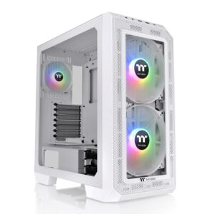 thermaltake view 300 mx tg argb motherboard sync e-atx mid tower computer case with 2x200mm front & 1x120mm rear argb fan, interchangeable tempered glass & mesh front panel, ca-1p6-00m6wn-00, white