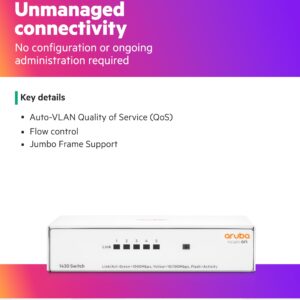 HPE Networking Instant On Switch Series 1430 5-Port Gb Unmanaged Layer 2 Ethernet Switch | 5X 1G | Fan-Less | US Cord (R8R44A#ABA)