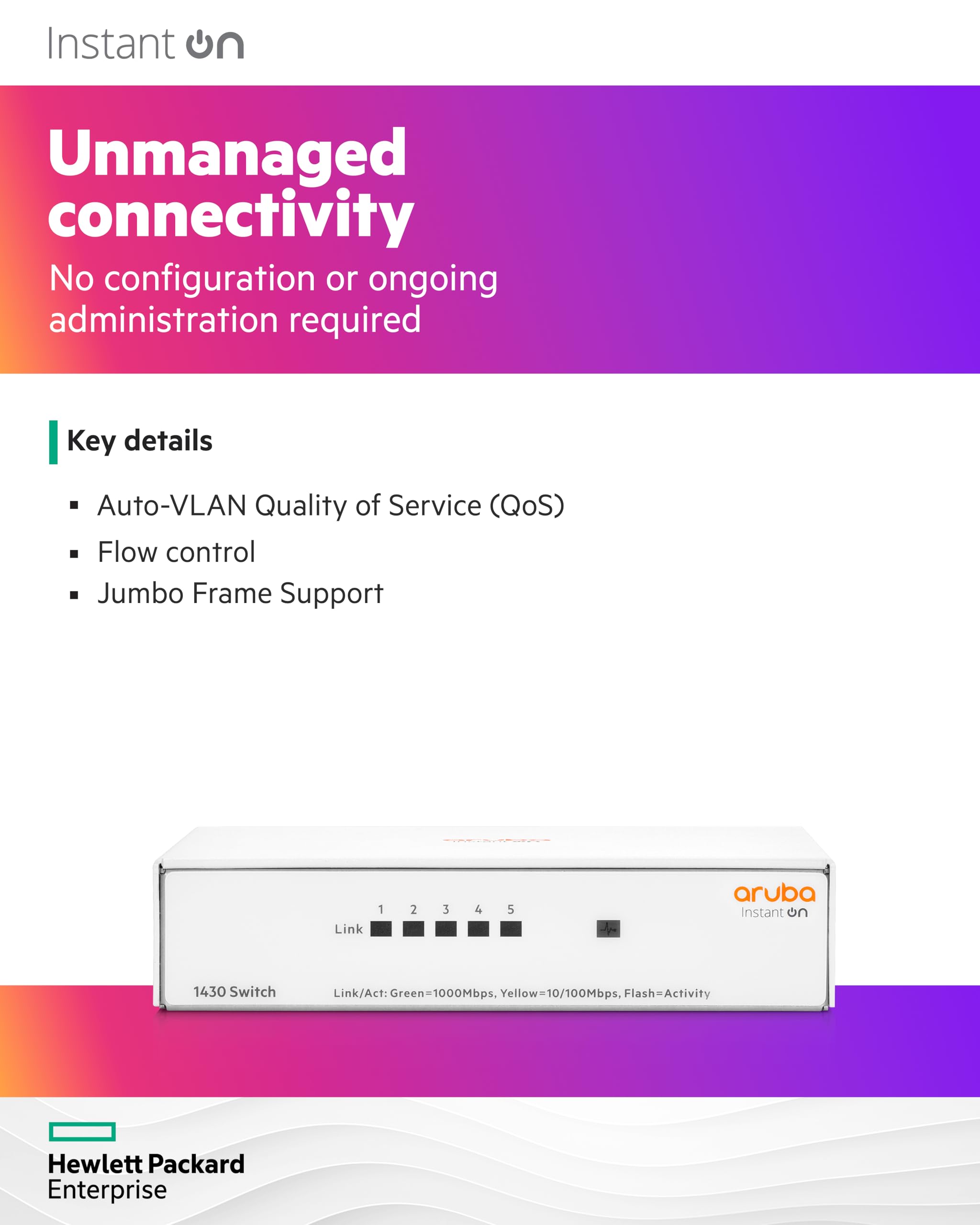 HPE Networking Instant On Switch Series 1430 5-Port Gb Unmanaged Layer 2 Ethernet Switch | 5X 1G | Fan-Less | US Cord (R8R44A#ABA)