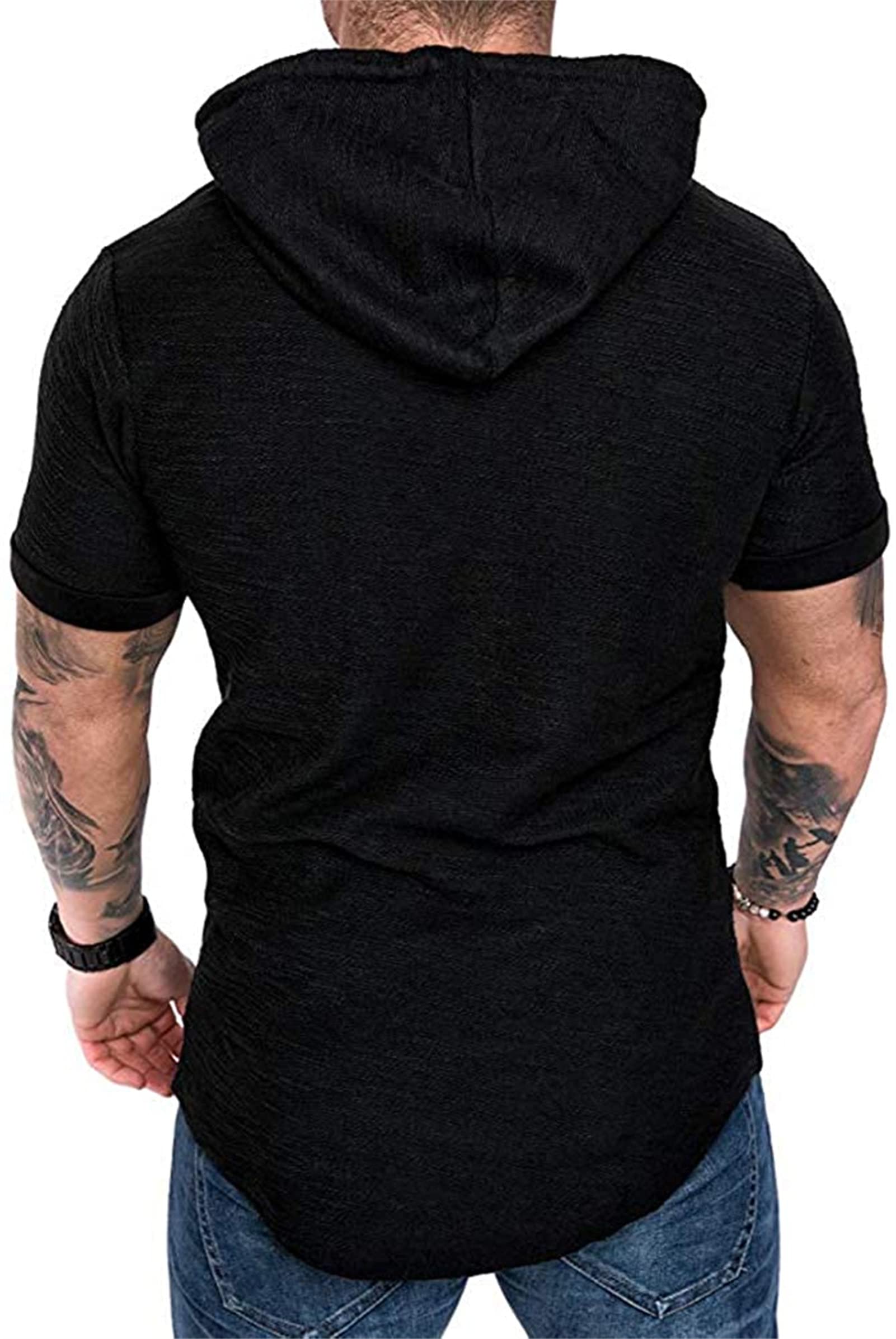 Maiyifu-GJ Men's Short Sleeve Athletic Hoodie Lightweight Workout Hooded T-Shirts Solid Color Slim Fit Pullover Sweatshirt (Black,Medium)