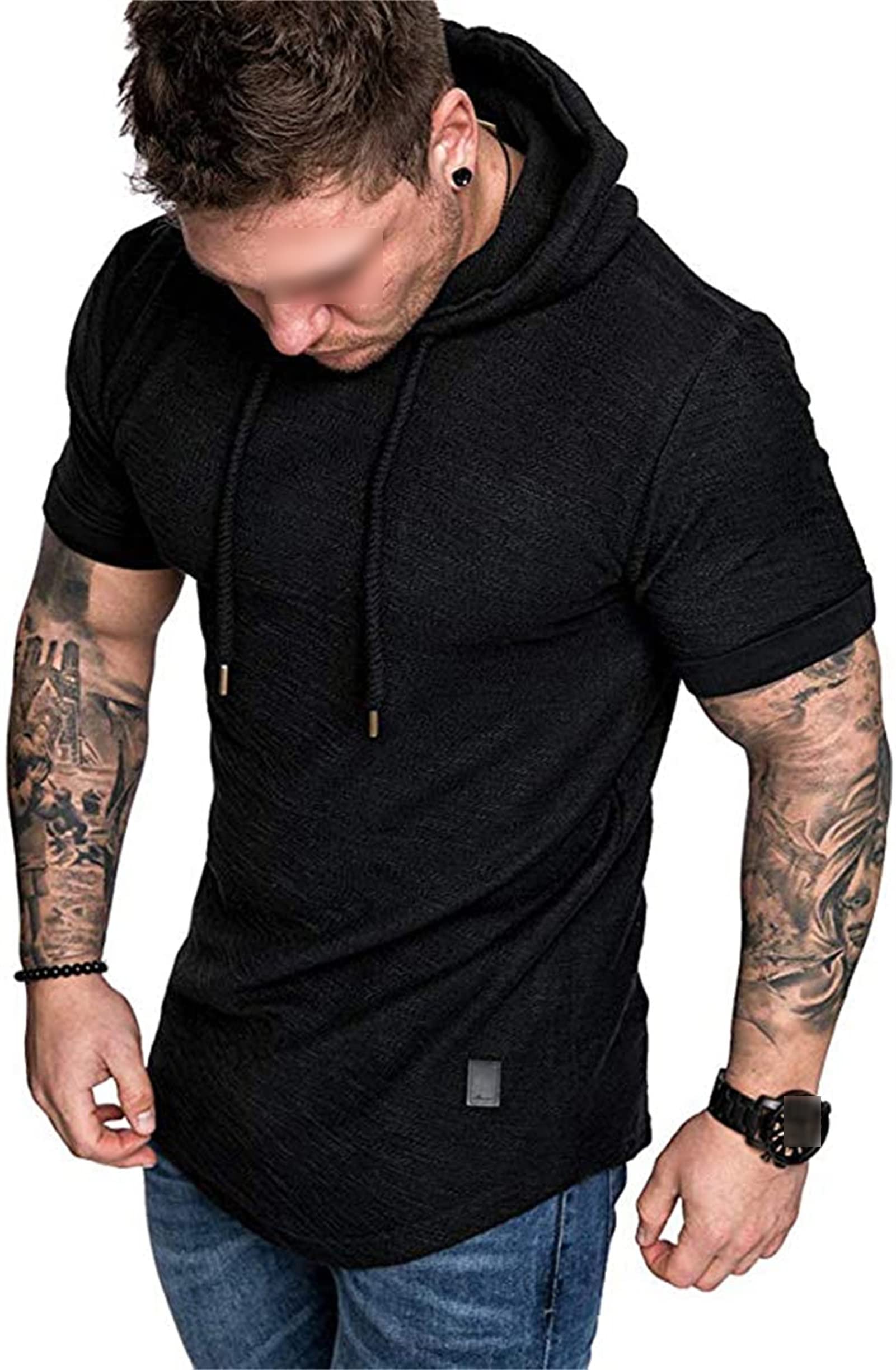 Maiyifu-GJ Men's Short Sleeve Athletic Hoodie Lightweight Workout Hooded T-Shirts Solid Color Slim Fit Pullover Sweatshirt (Black,Medium)