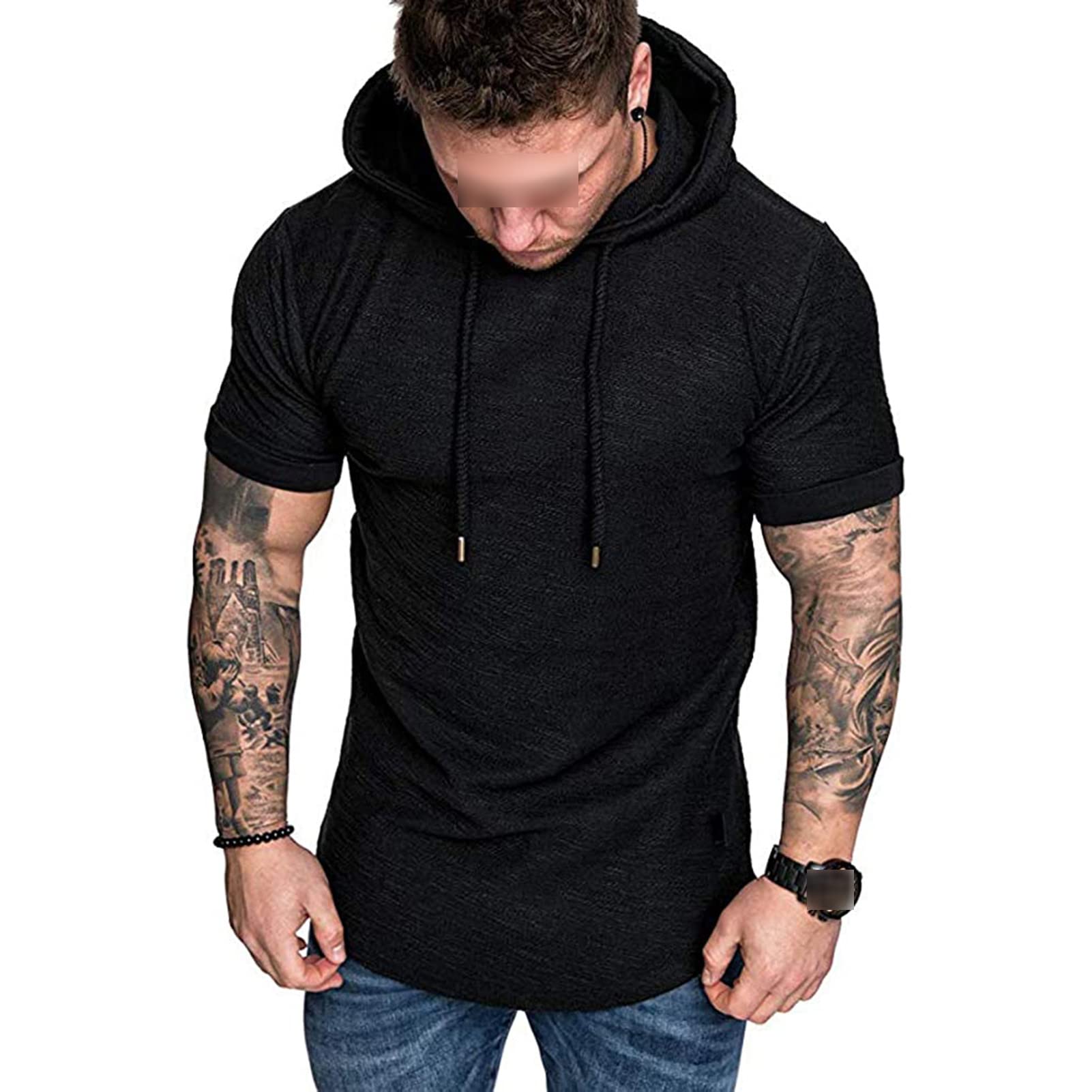 Maiyifu-GJ Men's Short Sleeve Athletic Hoodie Lightweight Workout Hooded T-Shirts Solid Color Slim Fit Pullover Sweatshirt (Black,Medium)