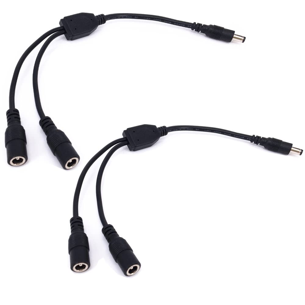 HUALAND 2 Pack Black 1 Male to 2 Female 5.5x2.1 Splitter CCTV DC Power Supply Splitter Cable,DC Y Splitter Cable