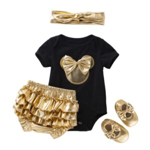 newborn baby girls mini mouse gold short sleeve romper ruffle bloomers pants headband shoes outfits 4pcs (black,66/3-6 m,unisex,us,age,big kid,3 months,6 months)