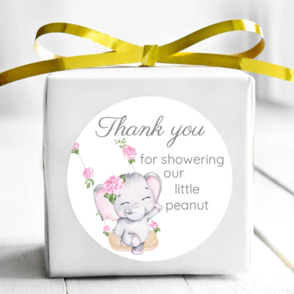 1.9 Inch Stickers Elephant Baby Shower Favors Girl Thank You for Celebrating with Us Gray Pink