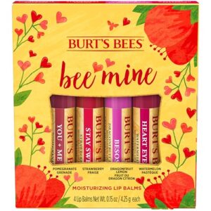 burt's bees bee mine lip balm gift set, strawberry, dragonfruit lemon, pomegranate and watermelon, 4 personalized lip balms, pack may vary