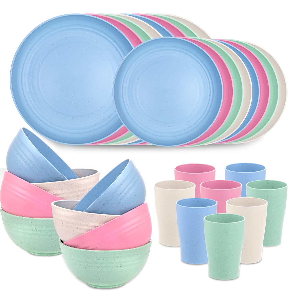 Supernal Wheat Straw Dinnerware, Microwave Dishwasher Safe, Unbreakable Light Weight Plates Service For 8, Reusable Tableware Set, Multicolor Set 16pcs Plates, 8pcs Bowls, 8pcs Cups