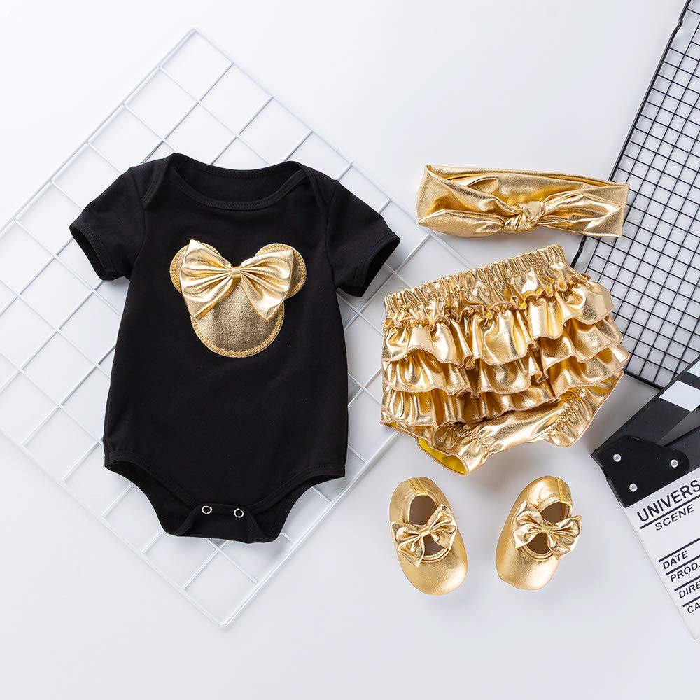 Newborn Baby Girls Mini Mouse Gold Short Sleeve Romper Ruffle Bloomers Pants Headband Shoes Outfits 4Pcs (Black,66/3-6 M,Unisex,US,Age,Big Kid,3 Months,6 Months)