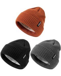 zuppad baby beanie hats, 3-pack winter knit hats with fleece lining for boys and girls (dark orange, grey, black)